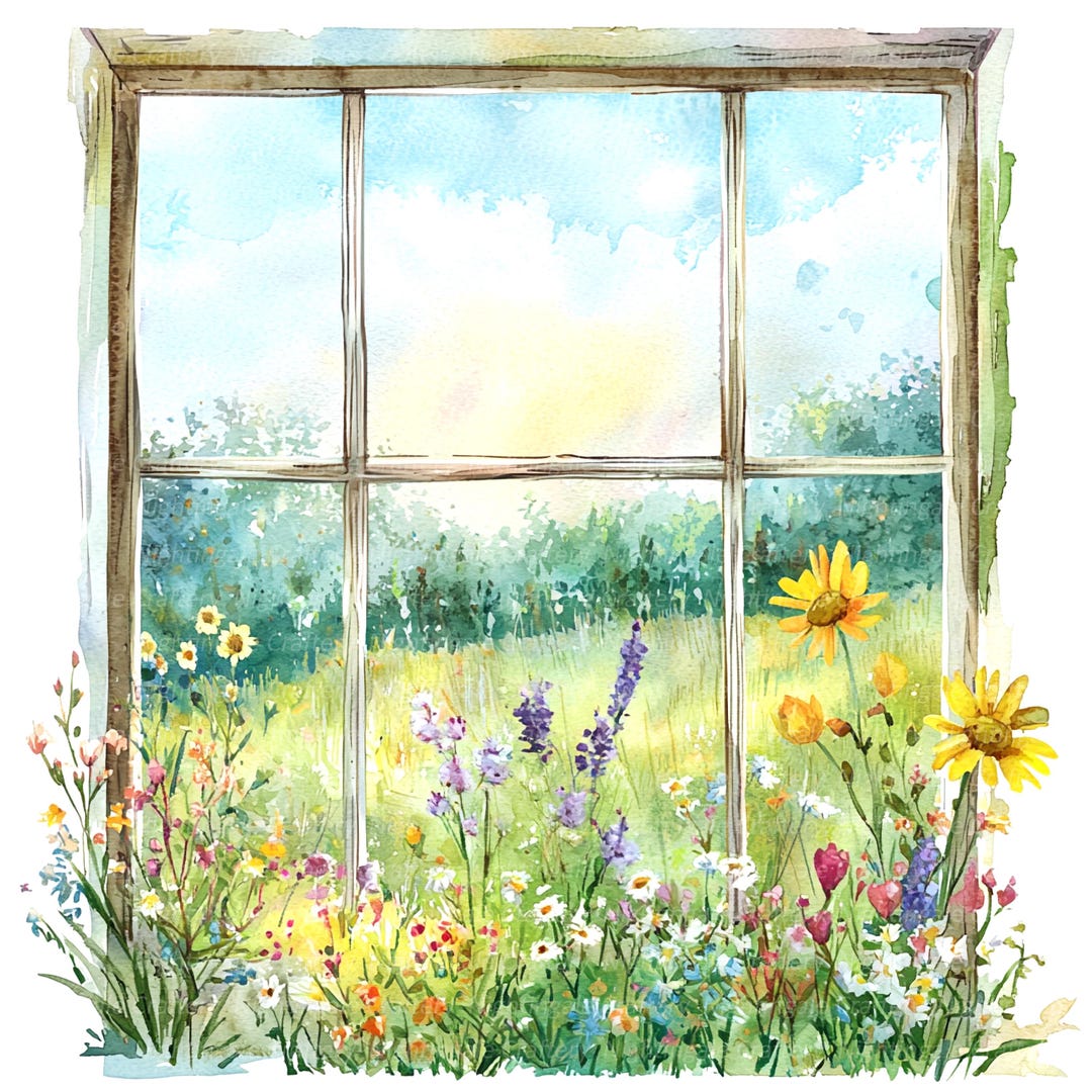 14 Window Meadow View Clipart, Window With Flower Landscape, Printable ...