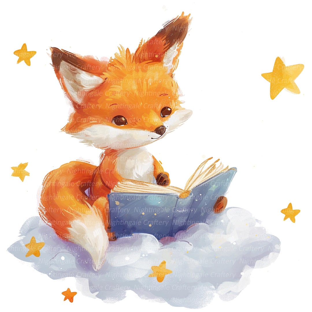 9 Fox Reading Tale Clipart, Fox Nursery Print, Printable Watercolor ...