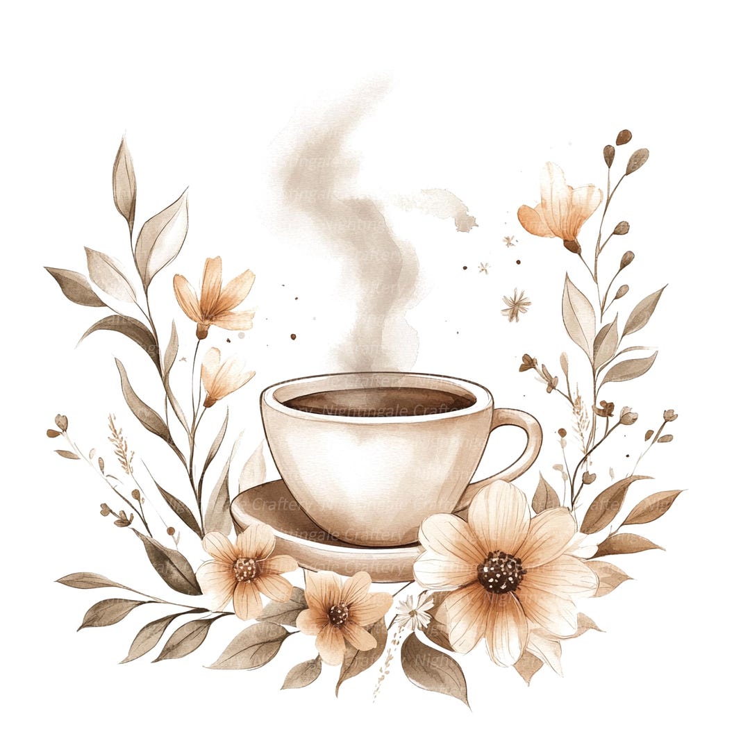 8 Coffee Cup, Boho Floral Coffee Clipart, Printable Watercolor Clipart ...
