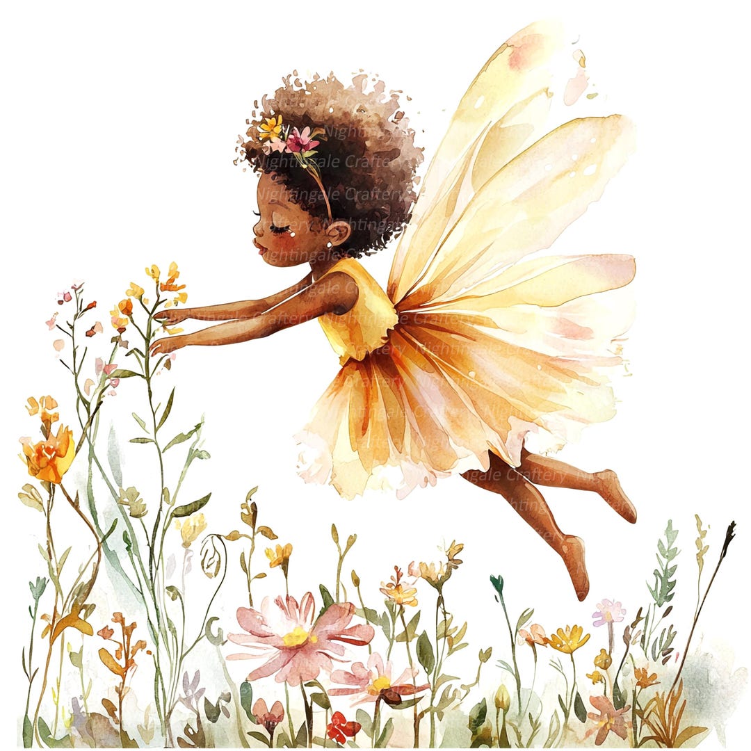 7 Black Girl Fairy Clipart, Floral Fairy Clipart, Printable Watercolor ...