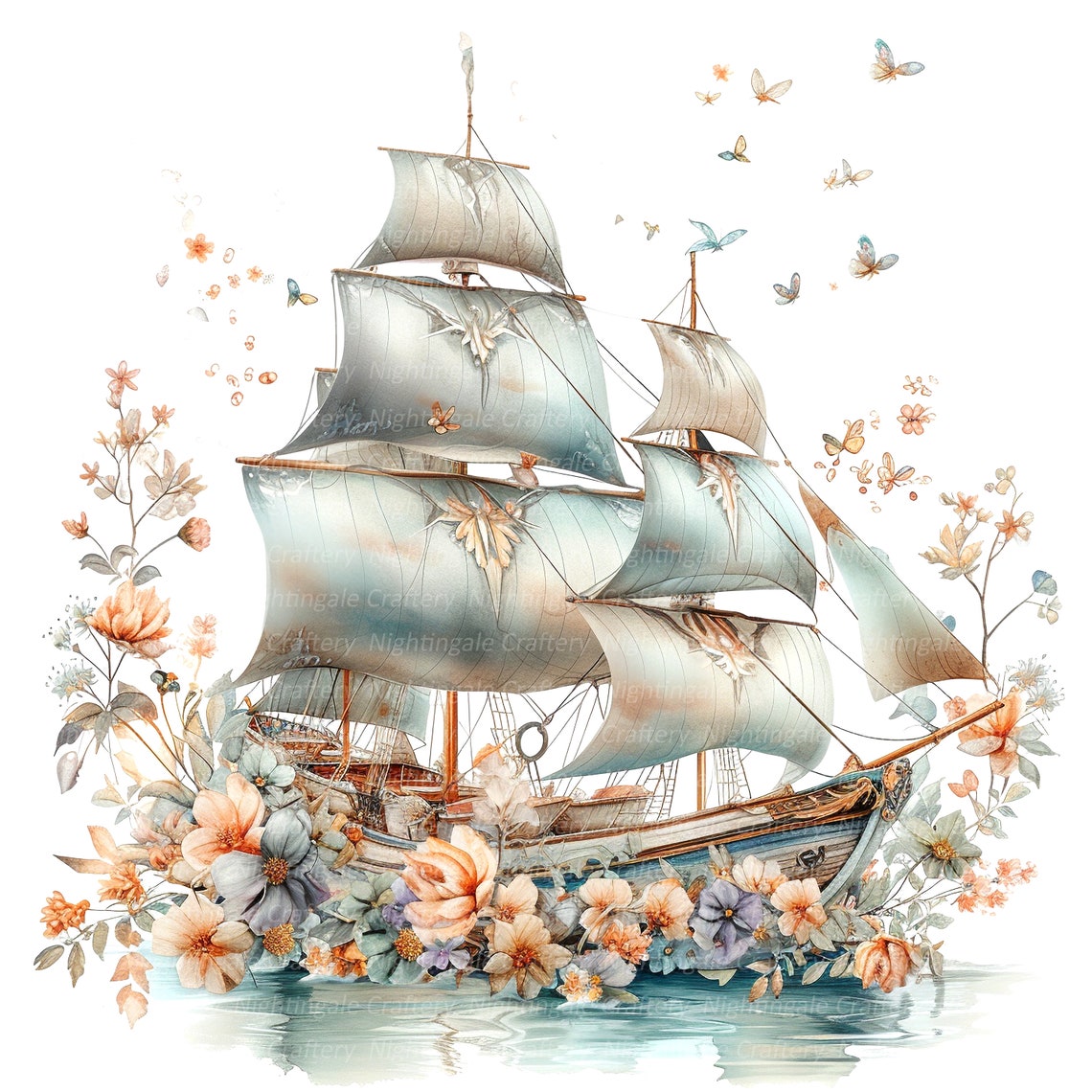10 Floral Ship Clipart, Flower Ship Clipart, Printable Watercolor ...