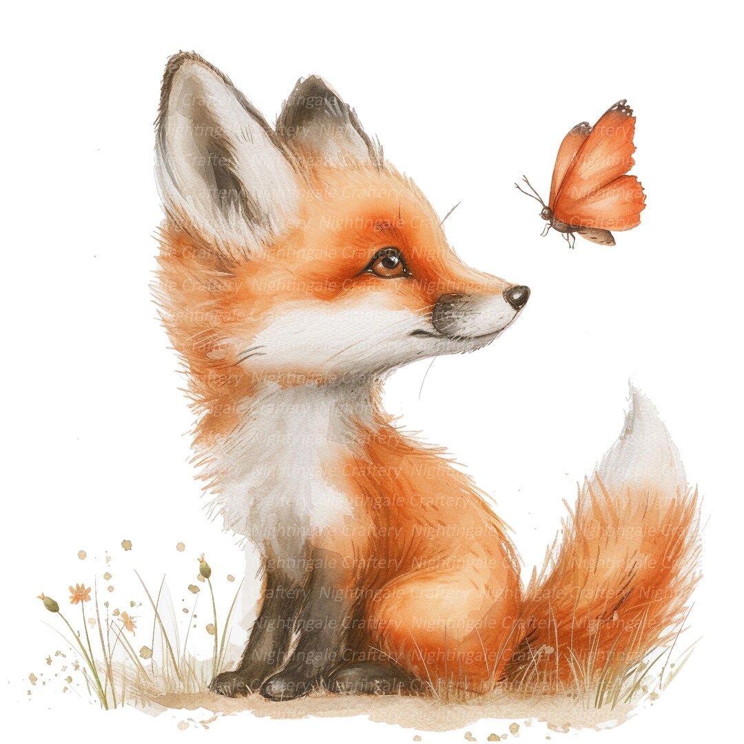 7 Fox and Butterfly Clipart, Cute Fox Baby, Printable Watercolor ...