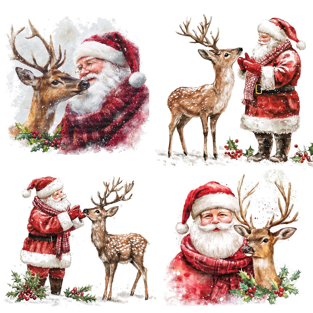 15 Christmas Santa and Deer Clipart, Reindeer, Printable Watercolor ...