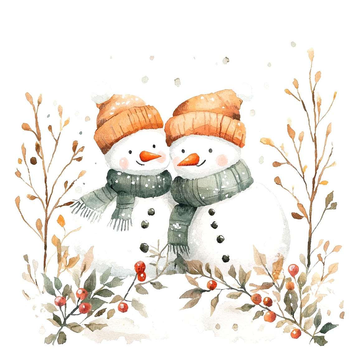 7 Snowmen Couple Clipart, Christmas Clipart, Printable Watercolor ...