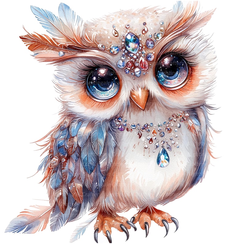 12 Cute Owl Clipart Set 2, Gemstones Owl, Printable Watercolor Clipart ...