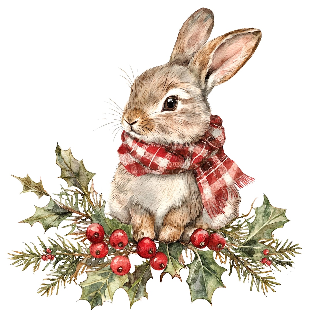14 Christmas Bunny Clipart, Retro Bunny, Printable Watercolor Clipart ...