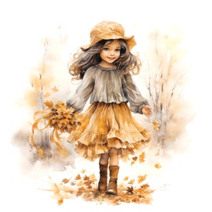 10 Little Girl in Autumn Clipart, Printable Watercolor Clipart, High ...