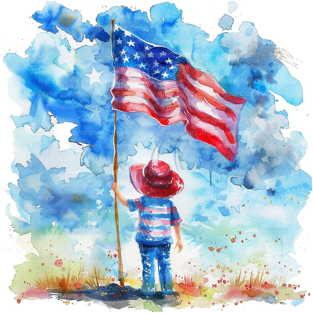 10 USA Flag Clipart, Kid With USA Flag, Printable Watercolor Clipart ...