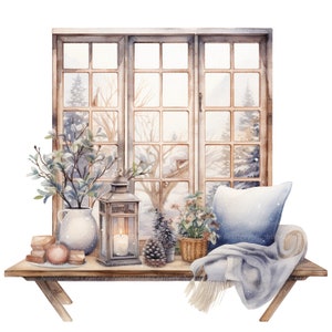 12 Snowy Christmas Window Clipart, Winter Windowsill, Printable ...