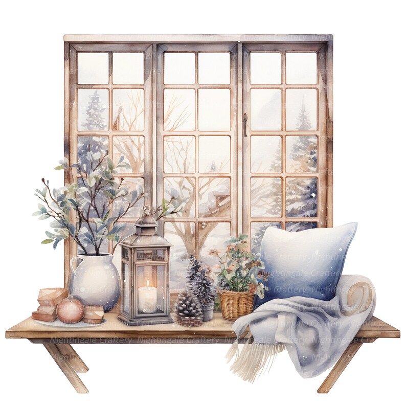 12 Snowy Christmas Window Clipart, Winter Windowsill, Printable ...