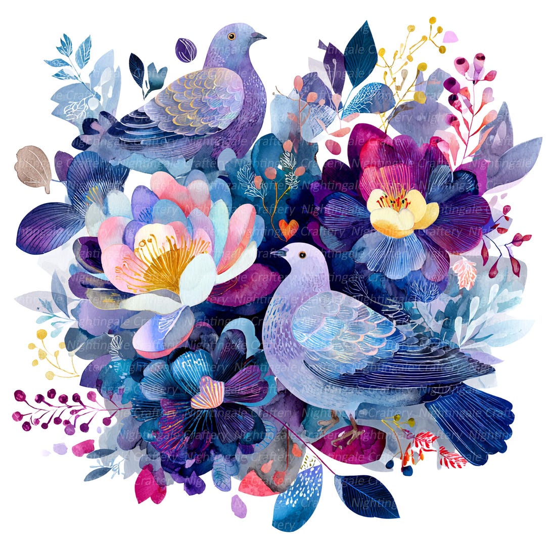 11 Floral Doves Couple Clipart, Abstract Dove, Printable Watercolor ...