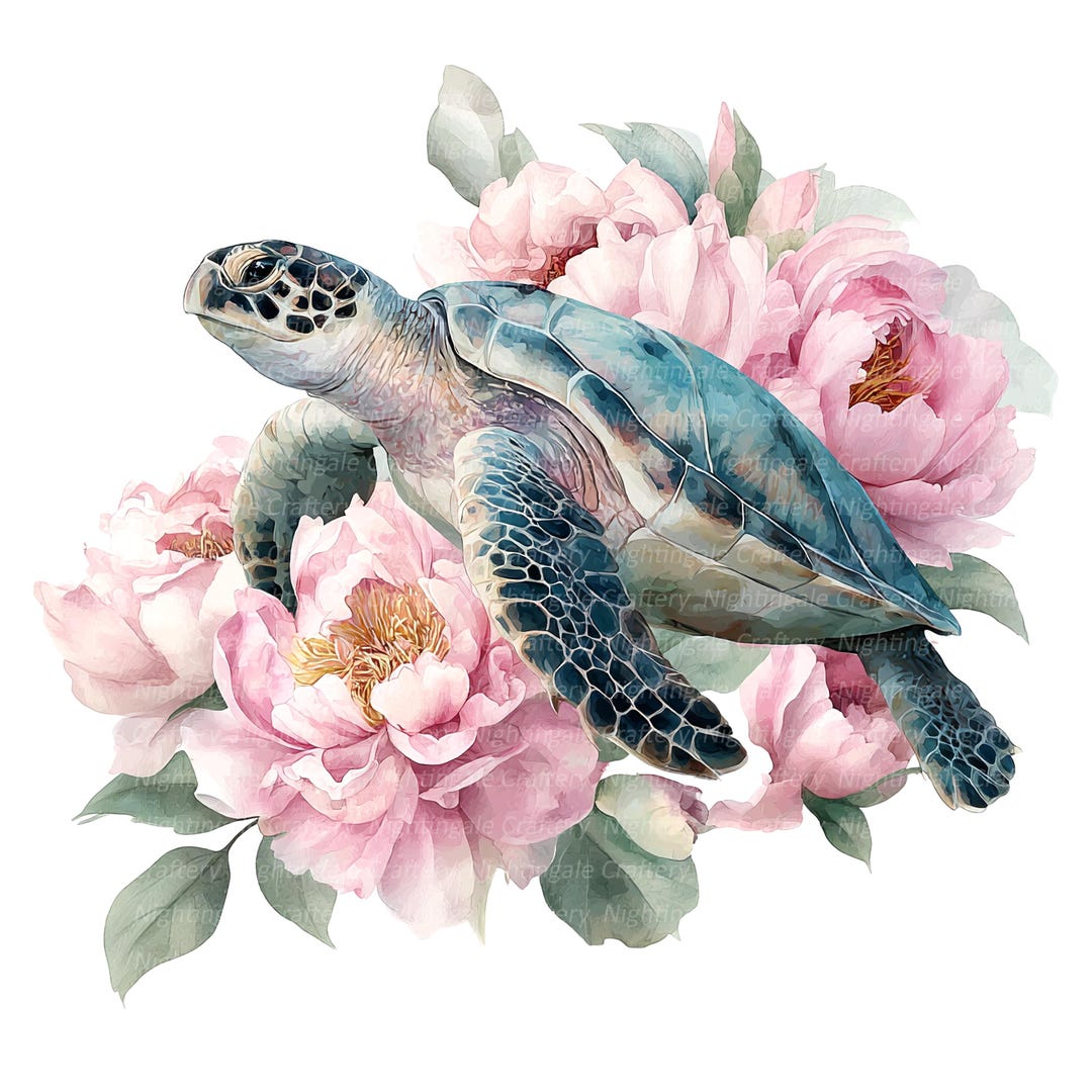 10 Floral Turtle Clipart, Peonies Clipart, Printable Watercolor Clipart ...