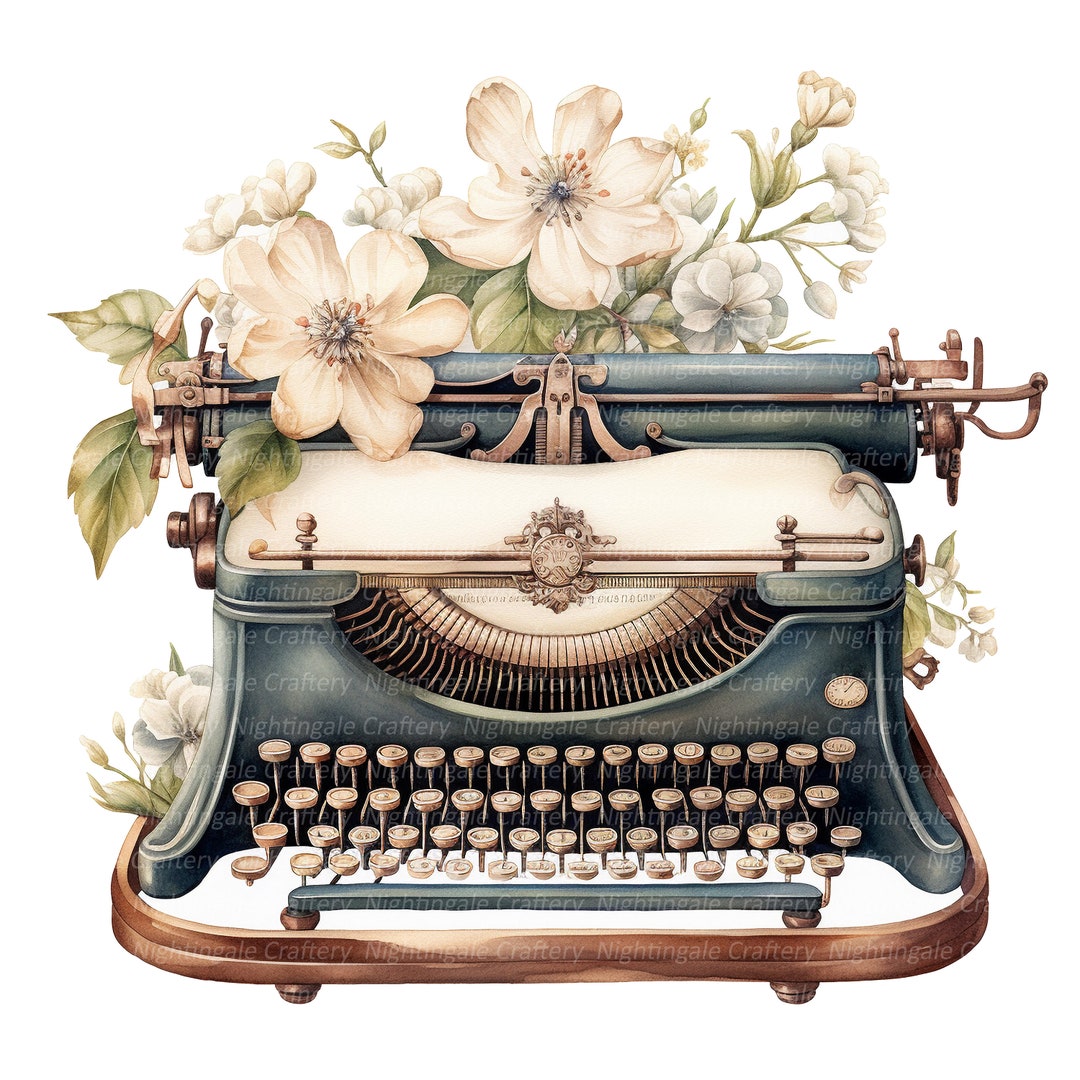 10 Vintage Floral Typewriter Clipart, Printable Watercolor Clipart ...