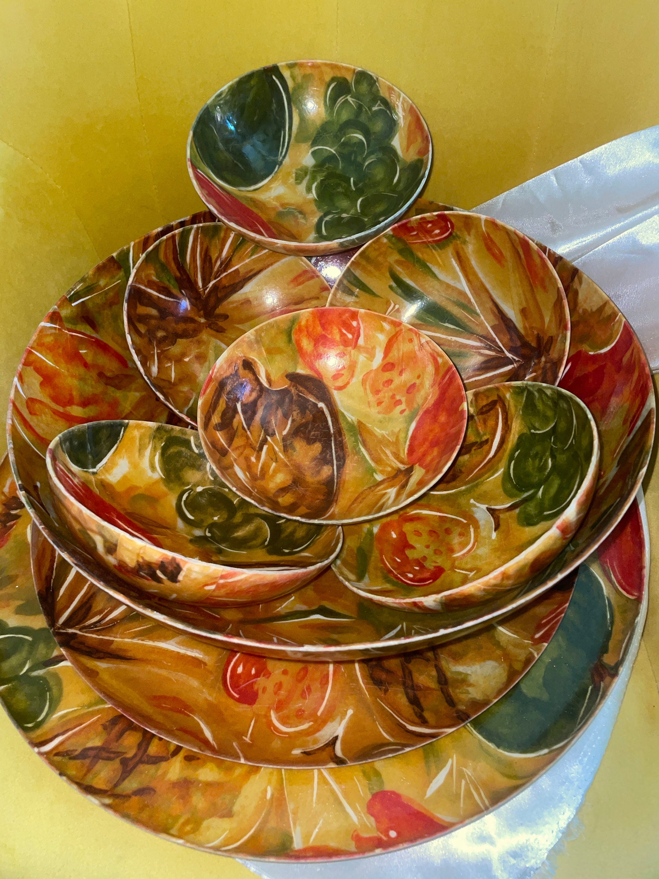 Vintage Tropical Fiberglass Bowls and Plates | 9PC Set | Retro ...