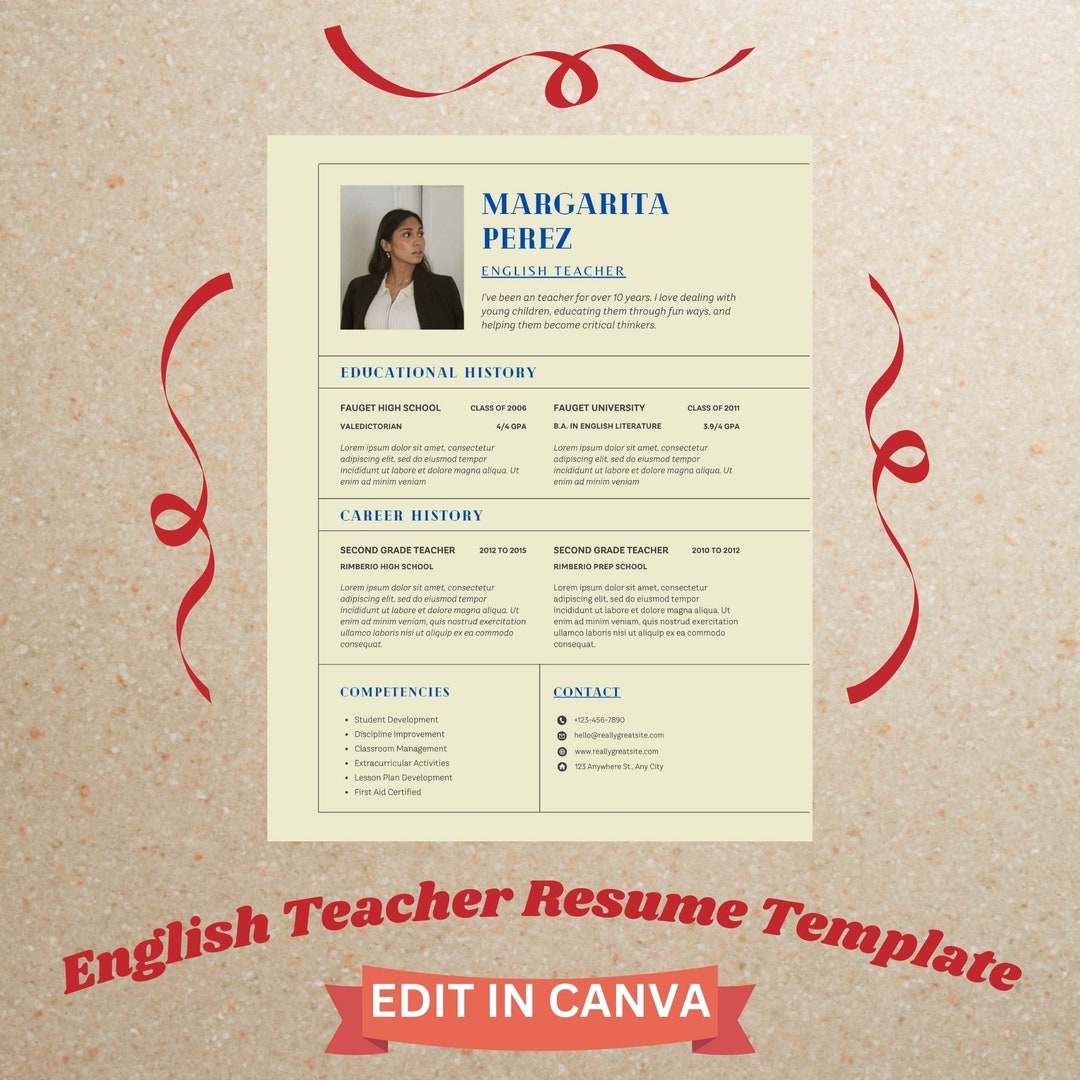English Teacher Resume Template With Photo, Professional Digital Resume ...
