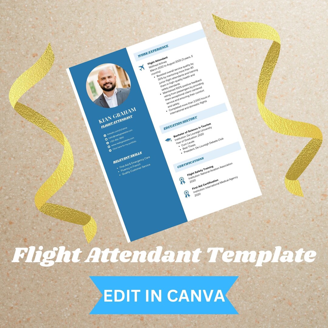 Resume Template for Flight Attendant With Photo, Professional Digital ...