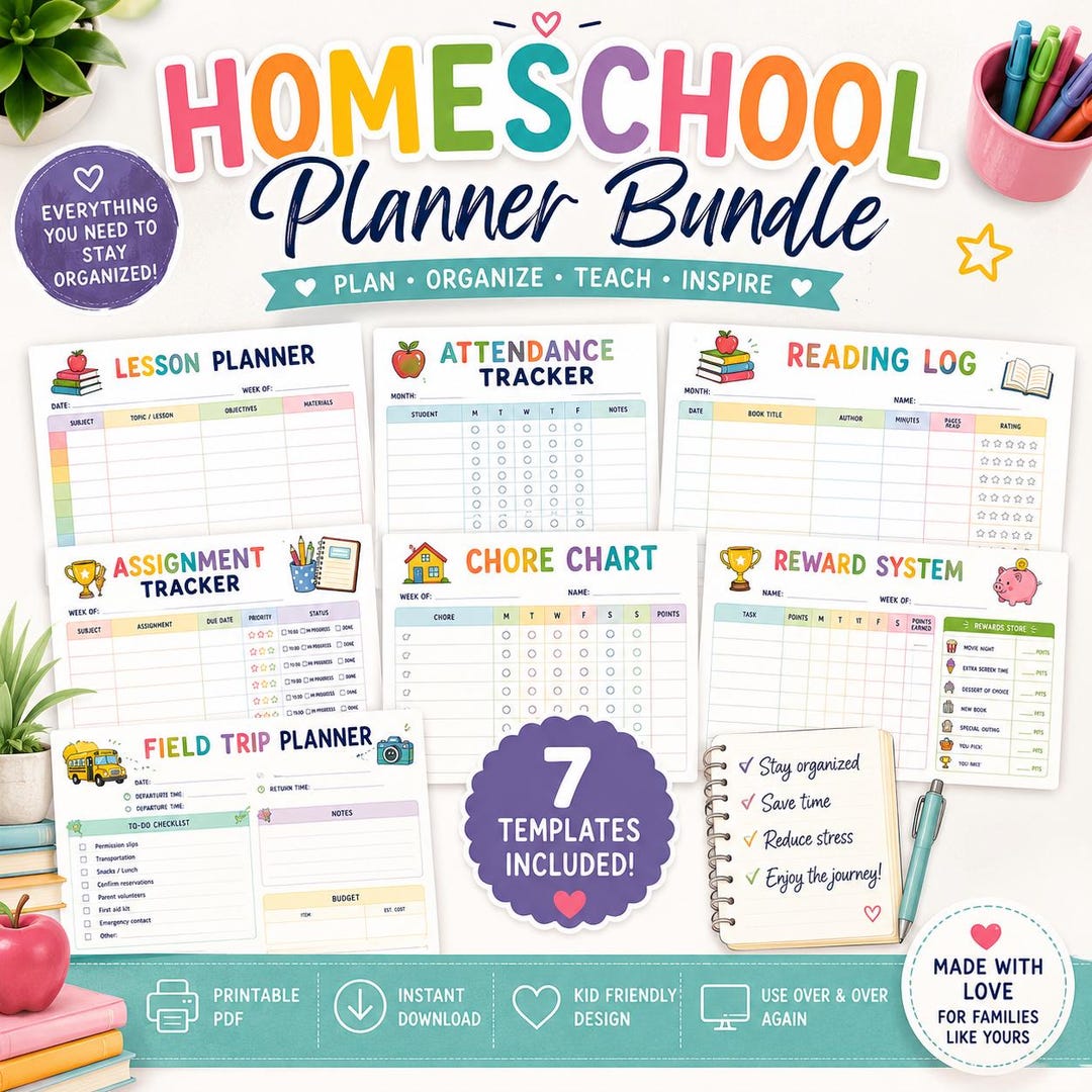 Homeschool Planner Bundle Printable, Lesson Planner, Reading Log, Chore ...