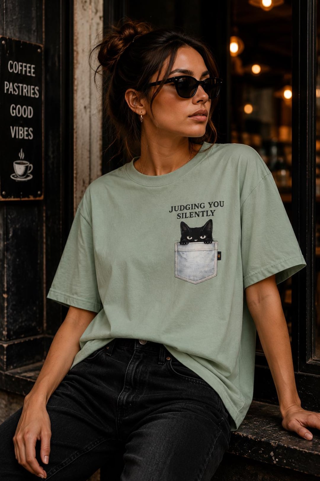 Judging You Silently Cat Shirt, Funny Black Cat Tee, Pocket Cat T-shirt ...