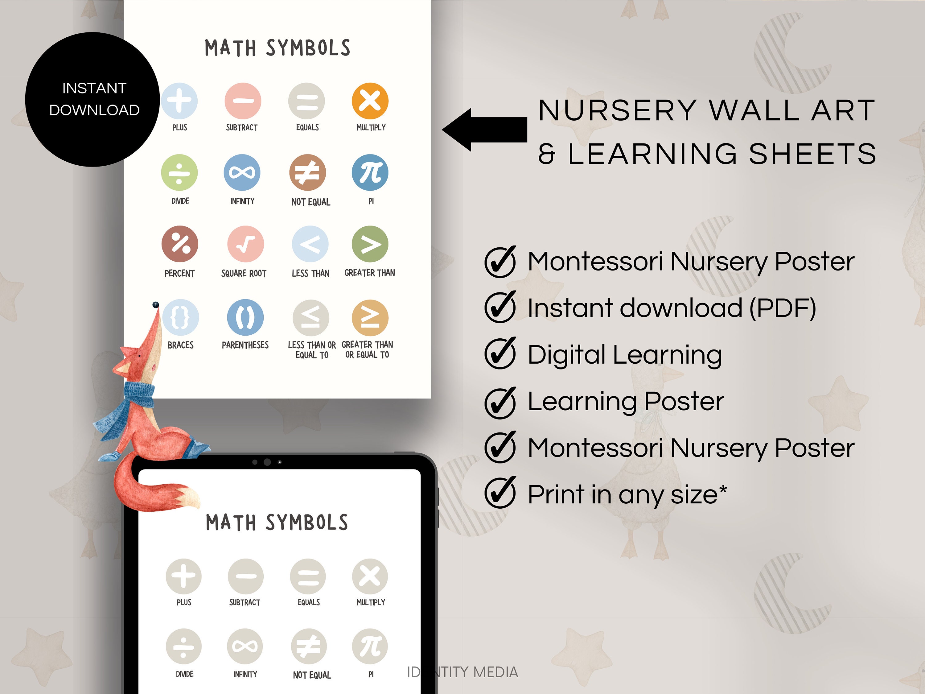 Math Symbols Childrens Poster, Educational Print, Nursery Wall Art for ...