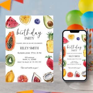 Editable Tropical Fruit Birthday Invitation, Summer Fruit Birthday ...