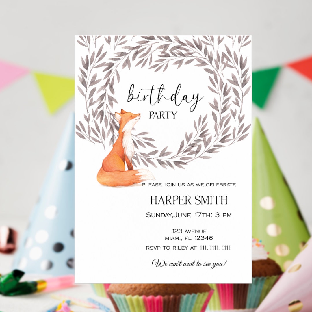 Editable Fox Birthday Invitation, Woodland Fox Birthday Party Invite ...