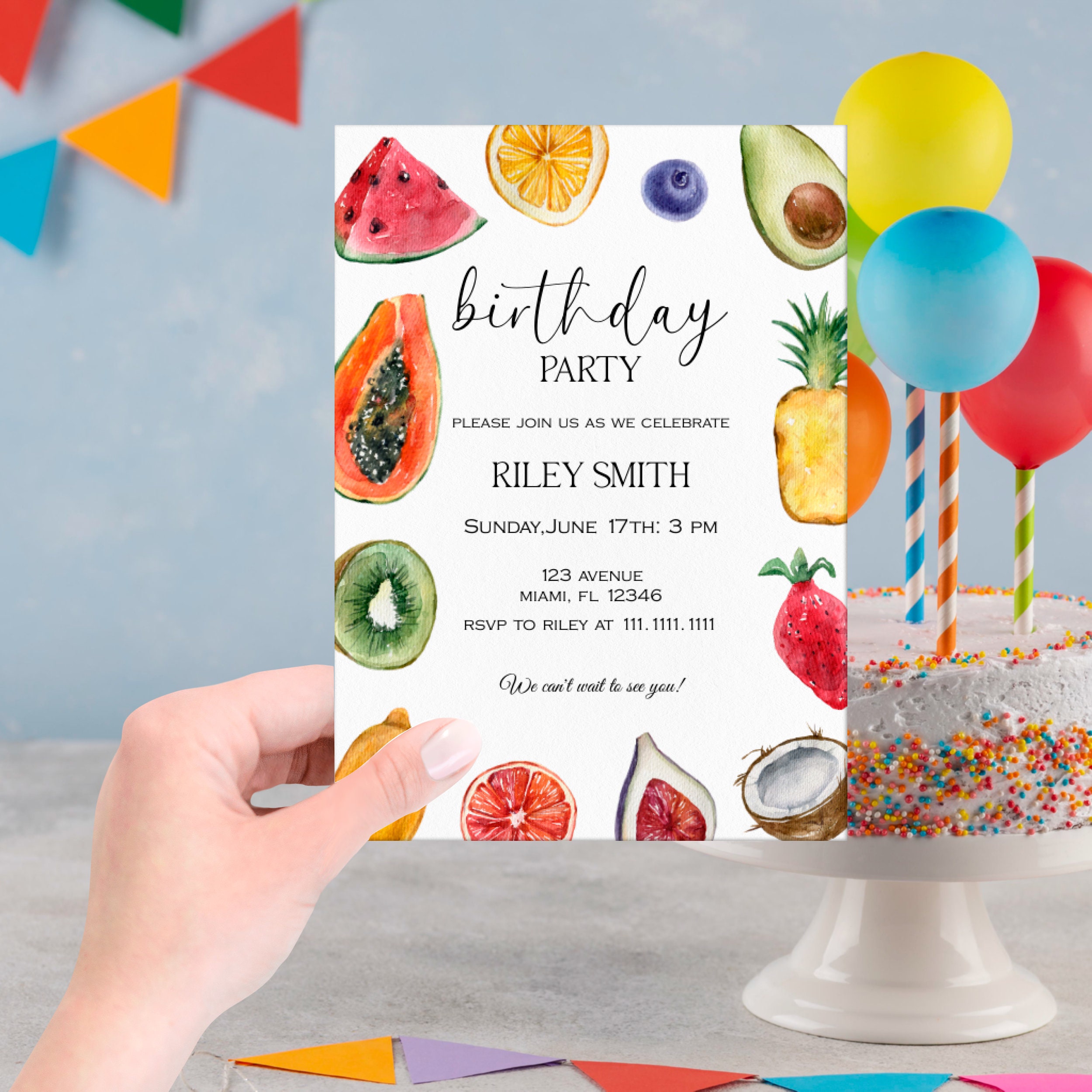 Editable Tropical Fruit Birthday Invitation, Summer Fruit Birthday ...