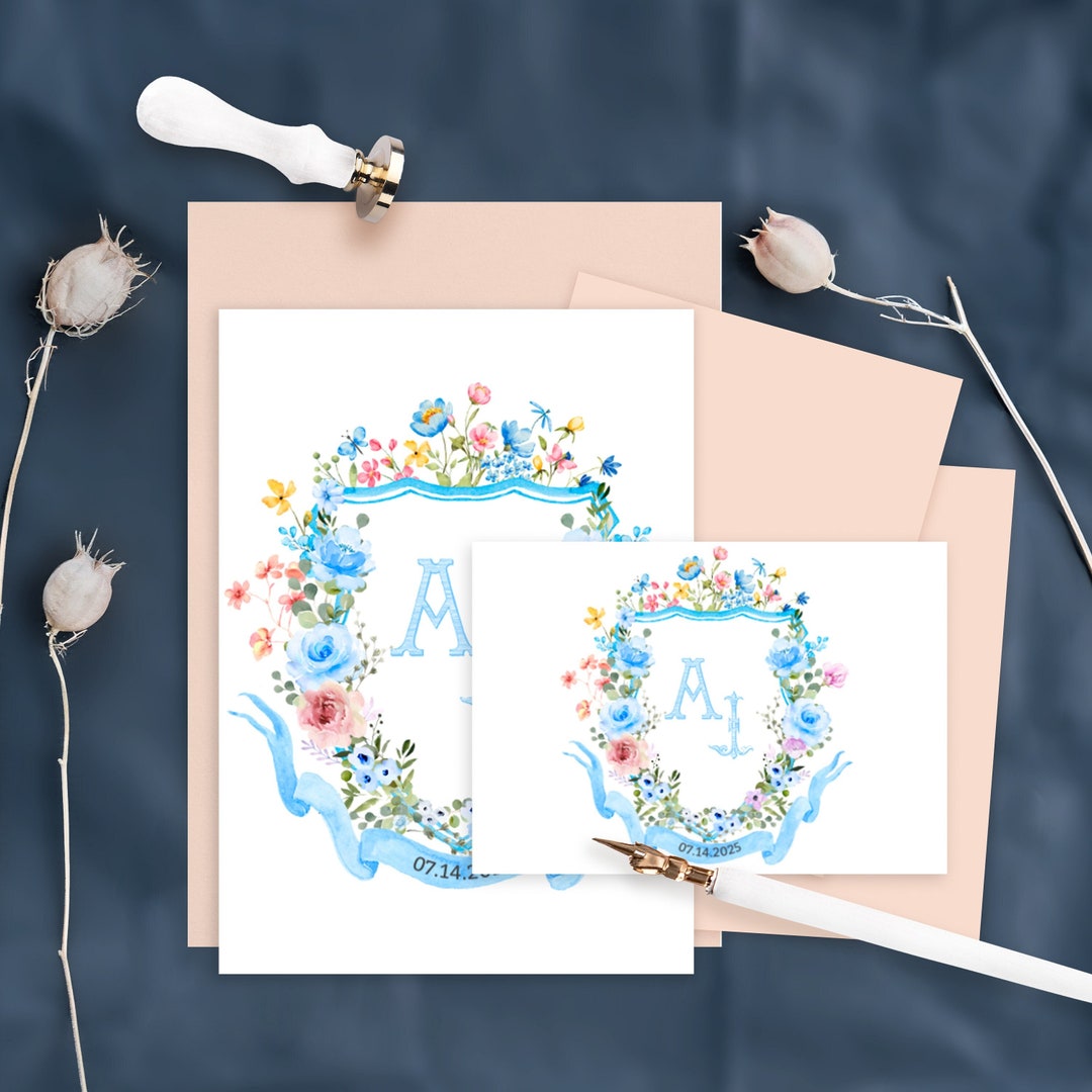 Blue Wedding Crest, Cottage Flowers Watercolor Crest, Watercolor Crest ...