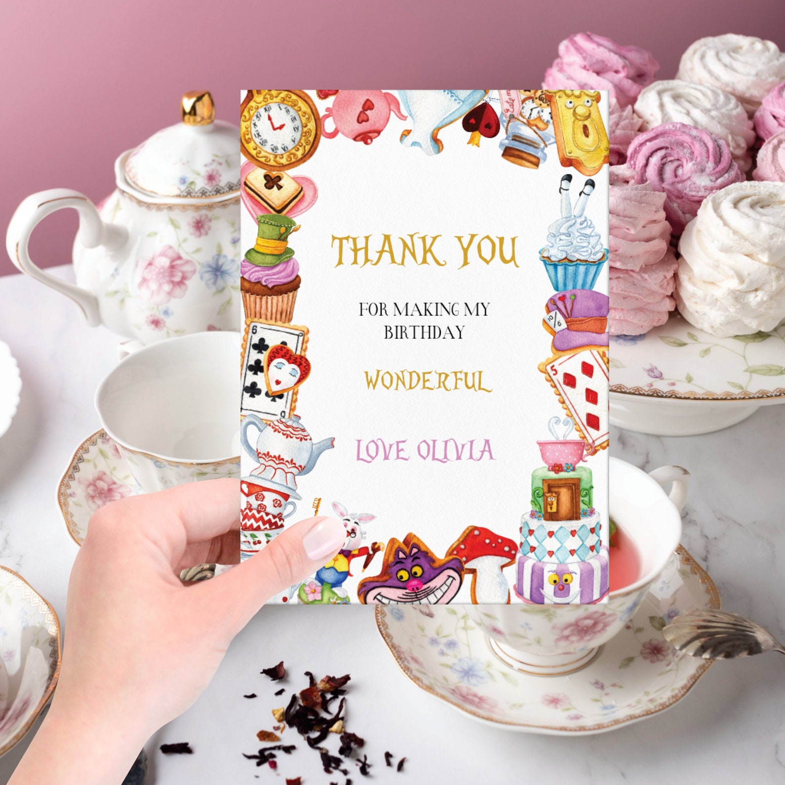 Editable Alice in Wonderland Birthday Thank You Note Cards, Alice in ...