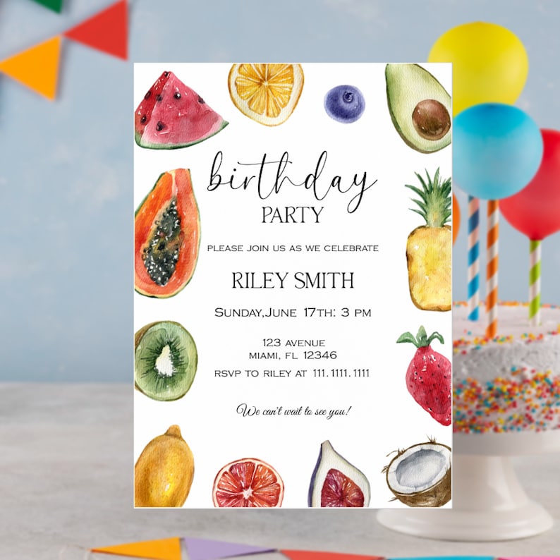 Editable Tropical Fruit Birthday Invitation, Summer Fruit Birthday ...