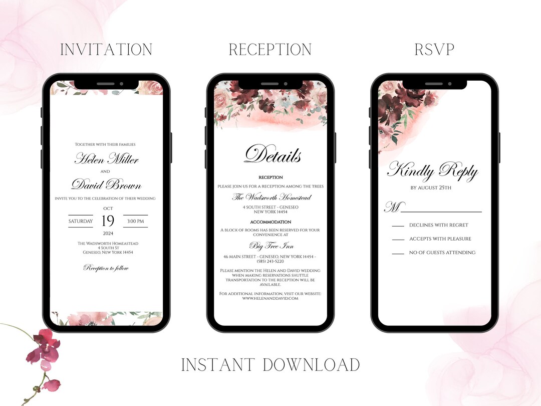 Electronic Wedding Invitation Template, Details and Rsvp Burgundy ...