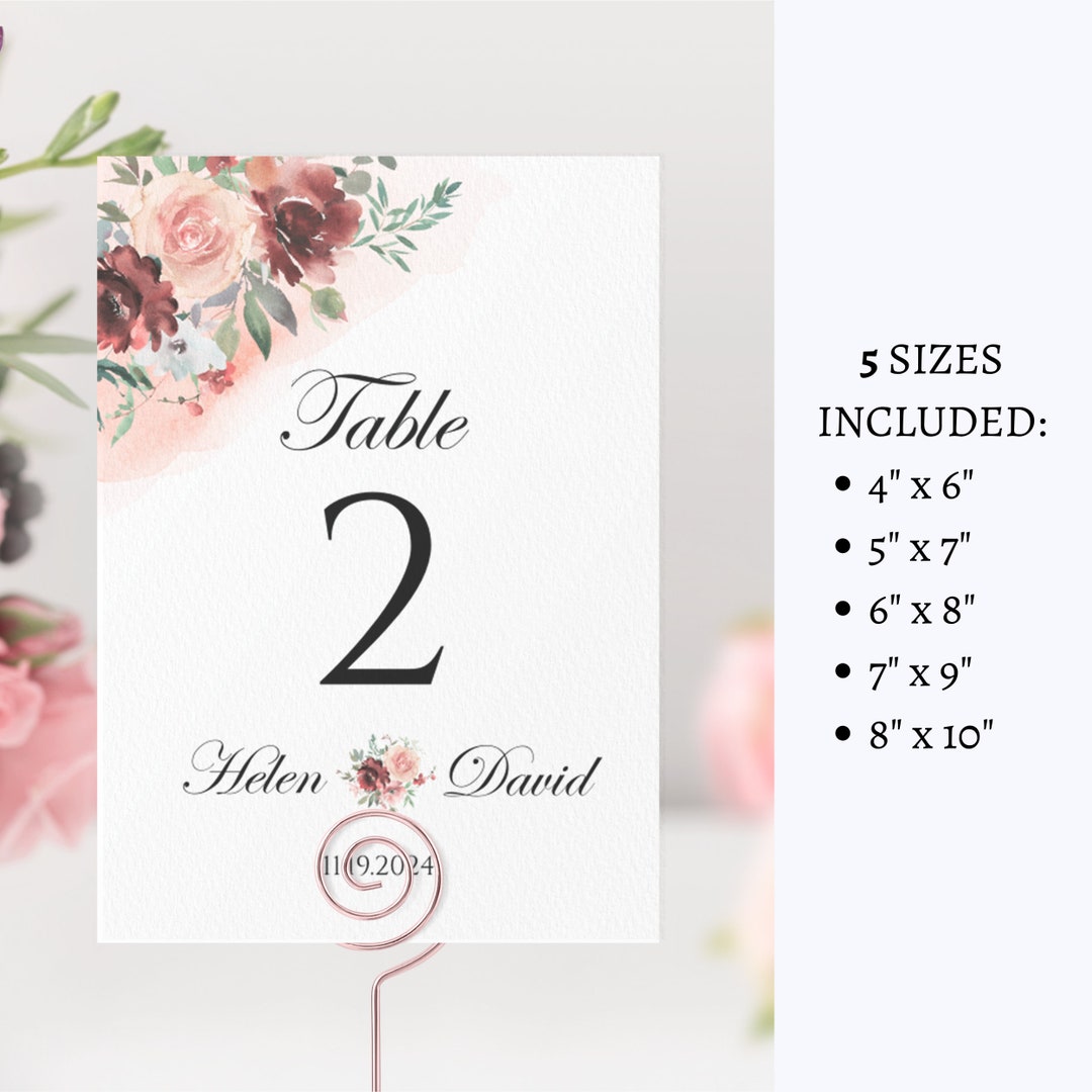 Wedding Table Numbers Template Burgundy & Rose, Printable Wedding Table ...
