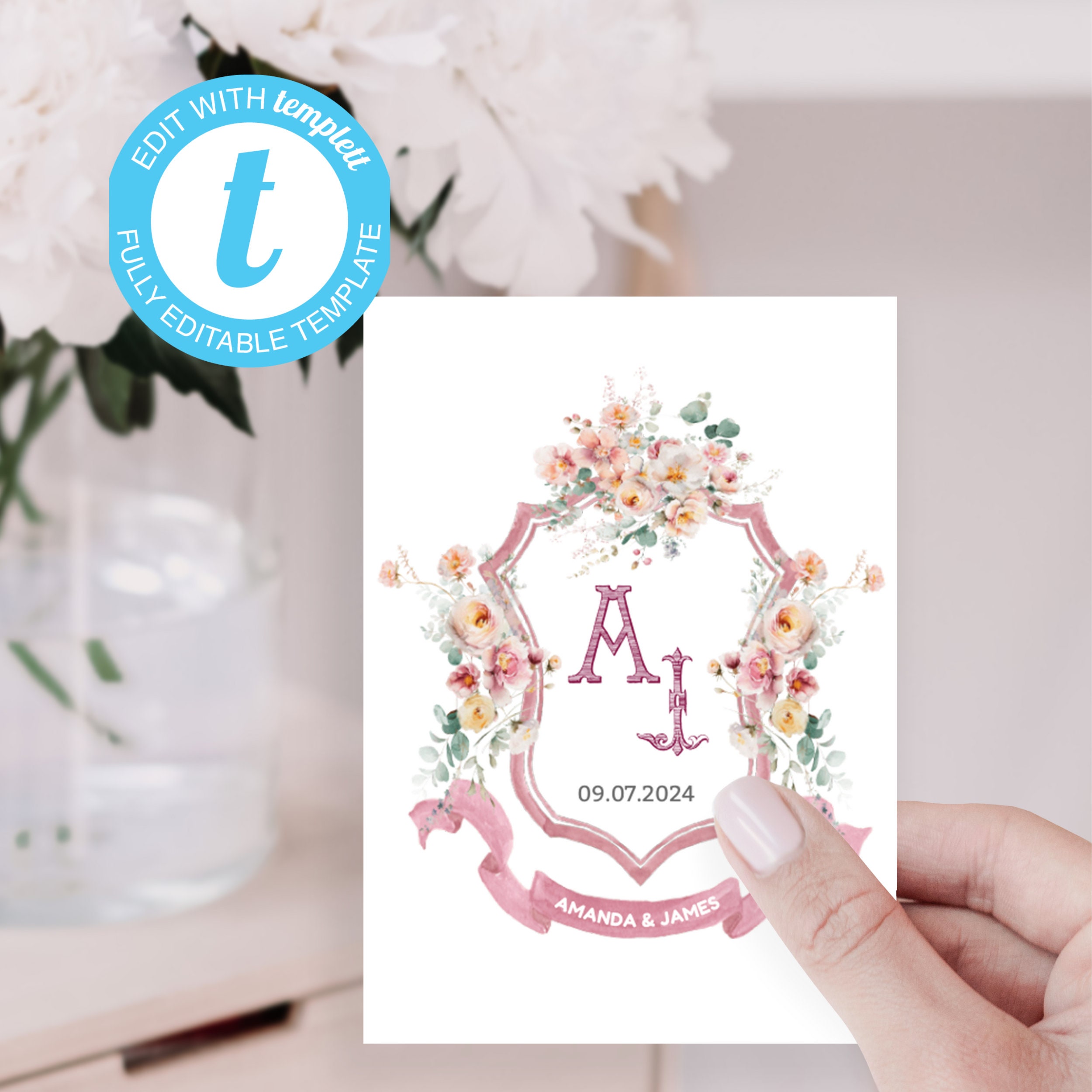 Pink Watercolor Crest, Romantic Wedding Crest, Classic Monogram Crest ...