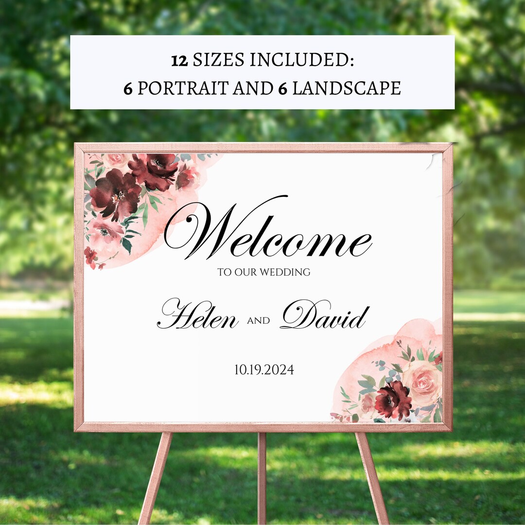 Editable Welcome Sign, Welcome Sign Template, Burgundy & Rose Welcome ...