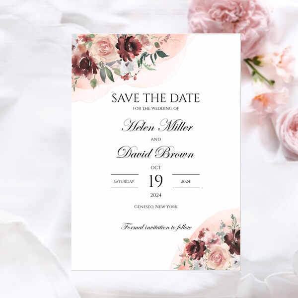 Wedding Invitation Burgundy Template Download - Etsy