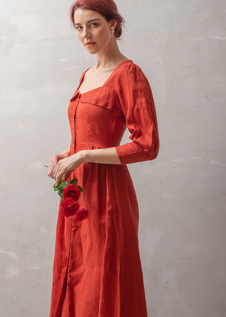 Linen Dress ROMANCE, Vintage Linen Dress, Red Linen Dress, Fall Linen ...