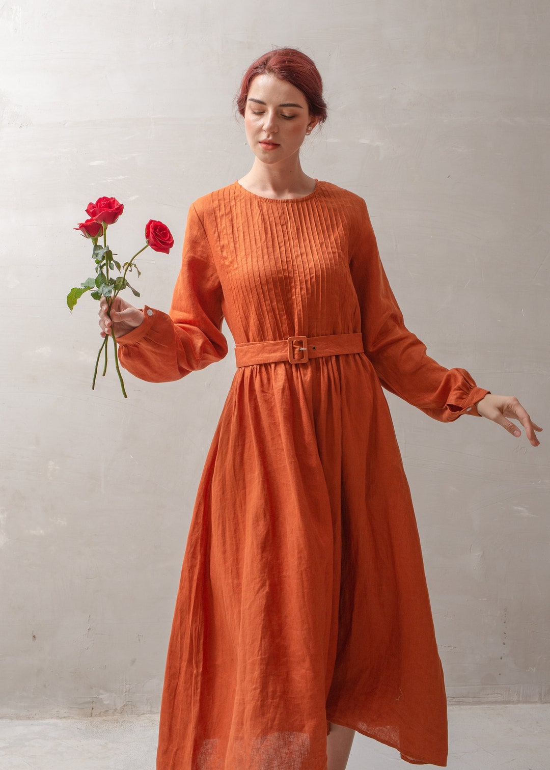 Midi Linen Dress PAPAYA, Long Linen Dress, Vintage Linen Dress ...