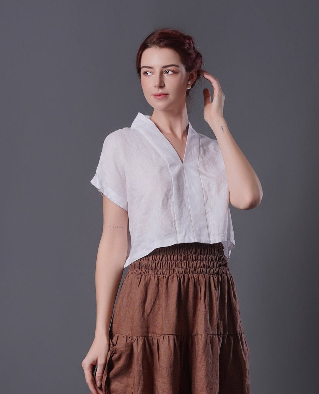Linen Top LISA, Linen Cropped Top, Cropped Top Short Sleeves, White ...
