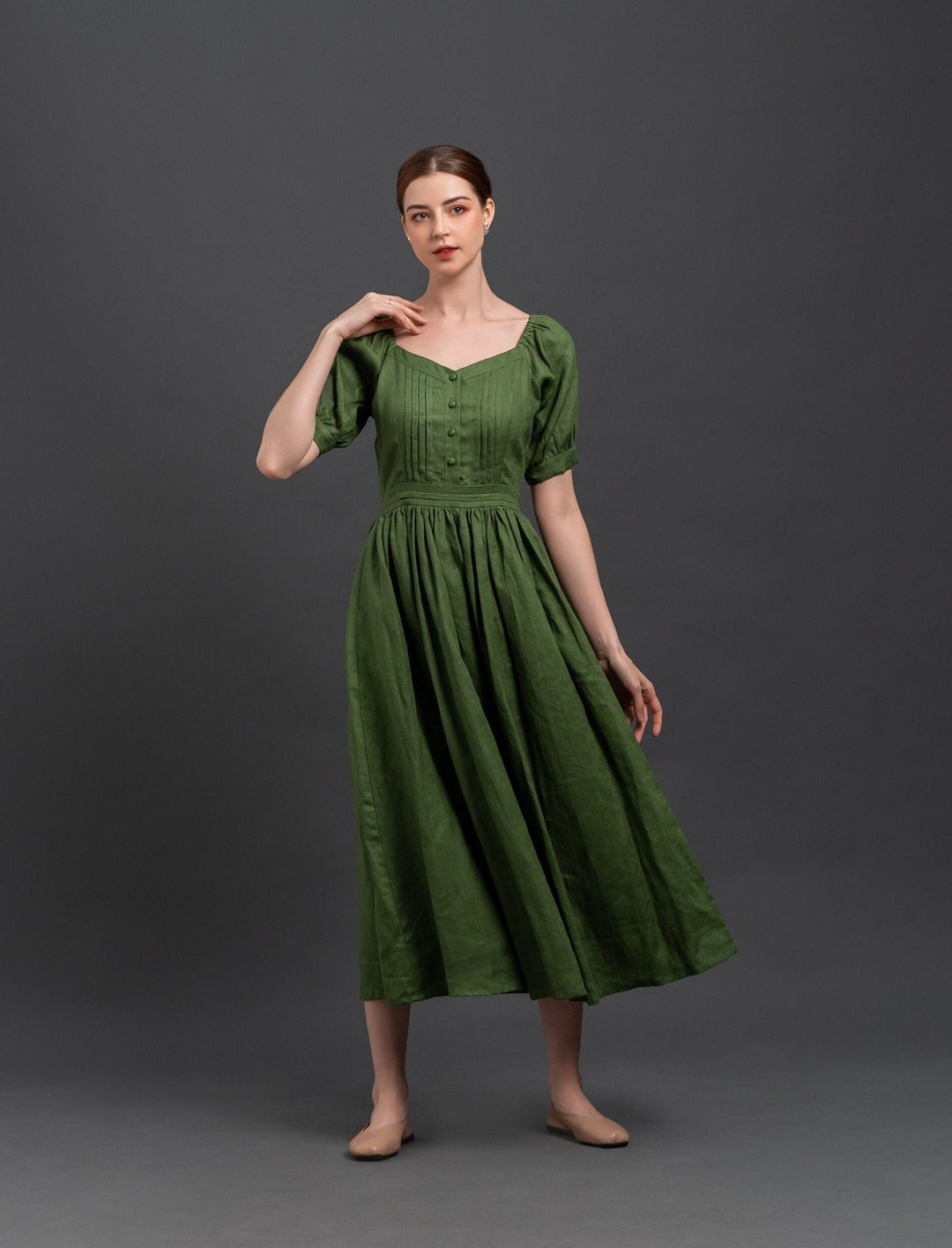Cottagecore Linen Dress MALTA - Romantic Green Maxi Dress - Long Linen ...