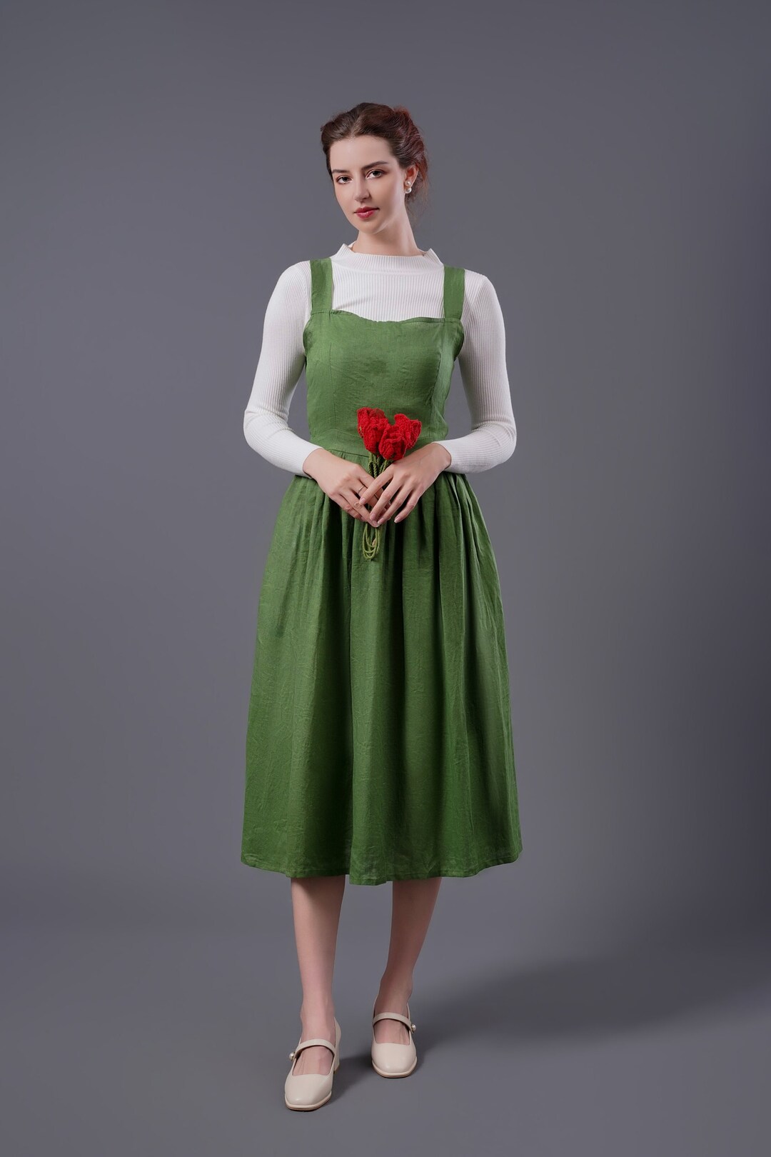 Square Neck Linen Dress With Thick Straps Summer Autumn Dress