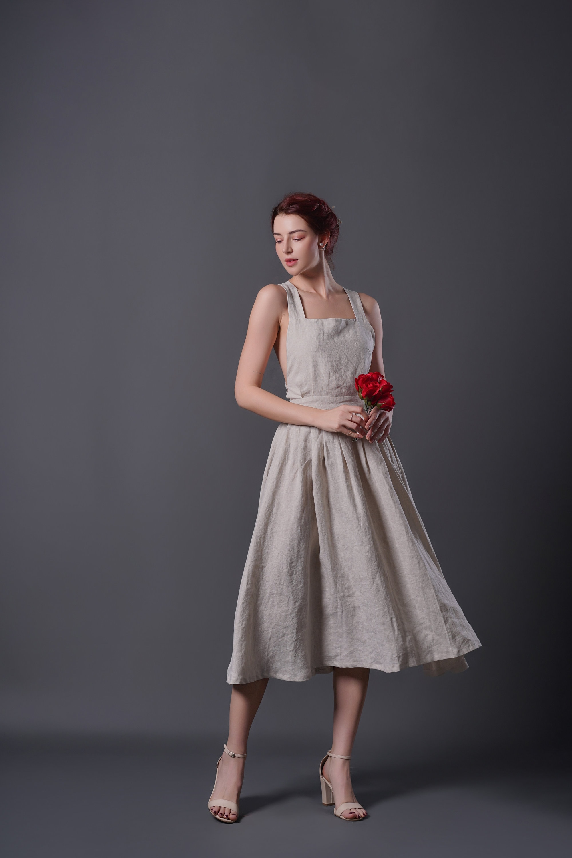 Crossed Back Linen Dress BALI, Summer Linen Dress, Linen Midi Dress ...