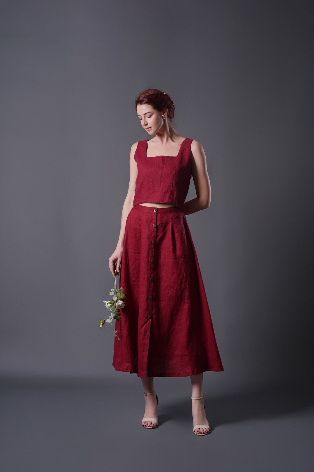 Linen Two Piece Set Skirt and Top, Red Linen Top, Linen Cropped Top and ...