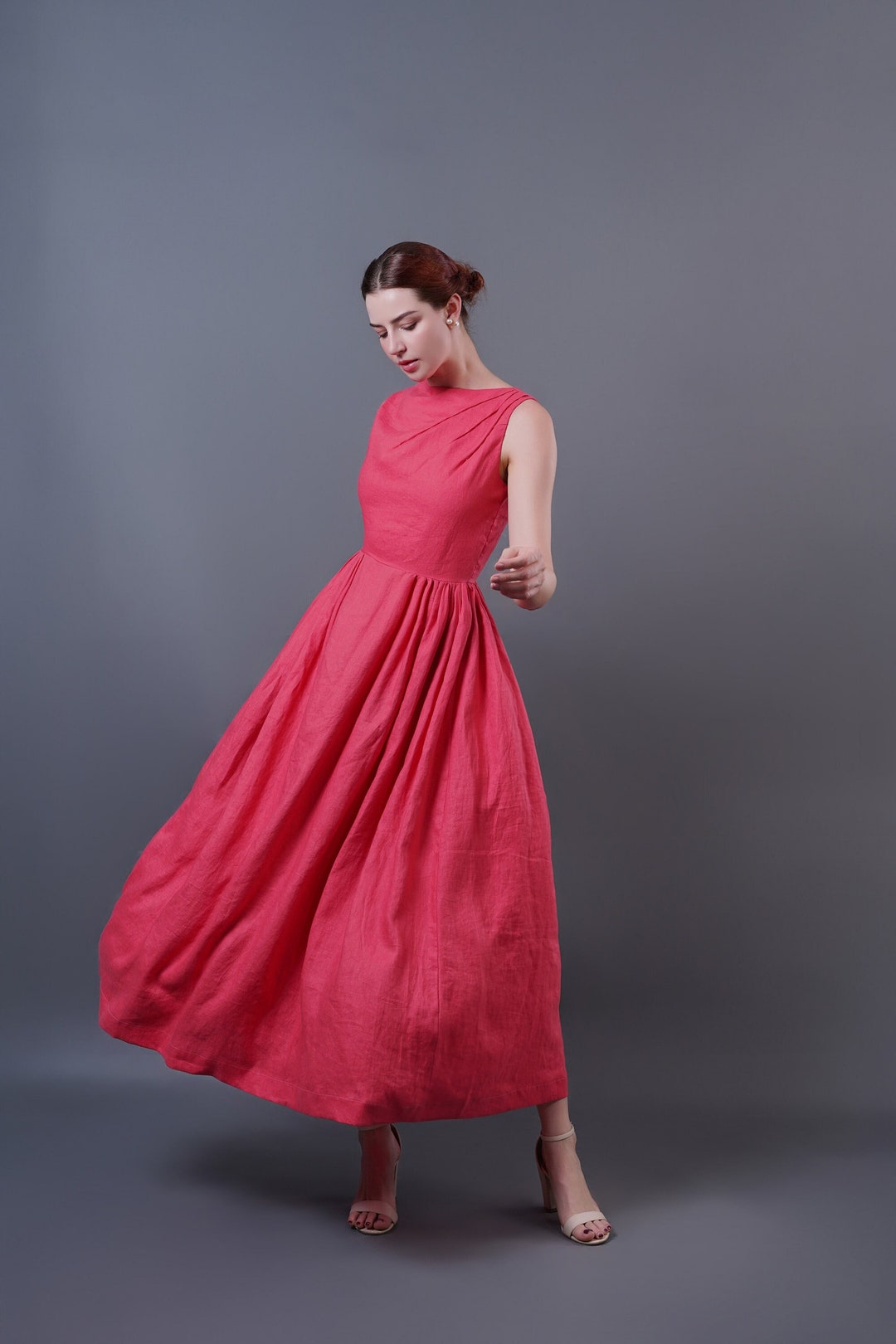 Linen Dress PINK, Vintage Linen Gown, Sleeveless Linen Dress, Fall ...