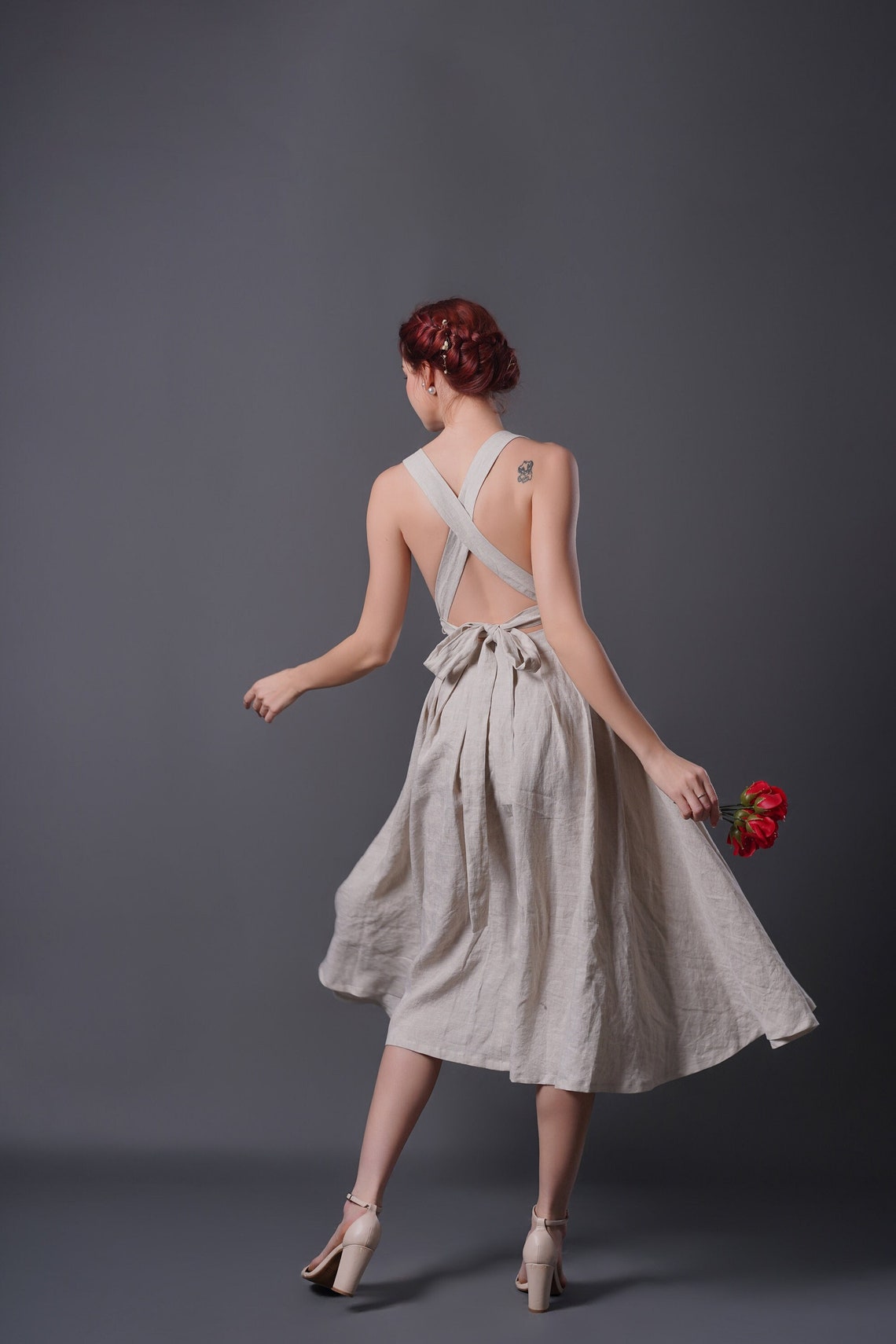 Crossed Back Linen Dress BALI Summer Linen Dress Linen Midi - Etsy