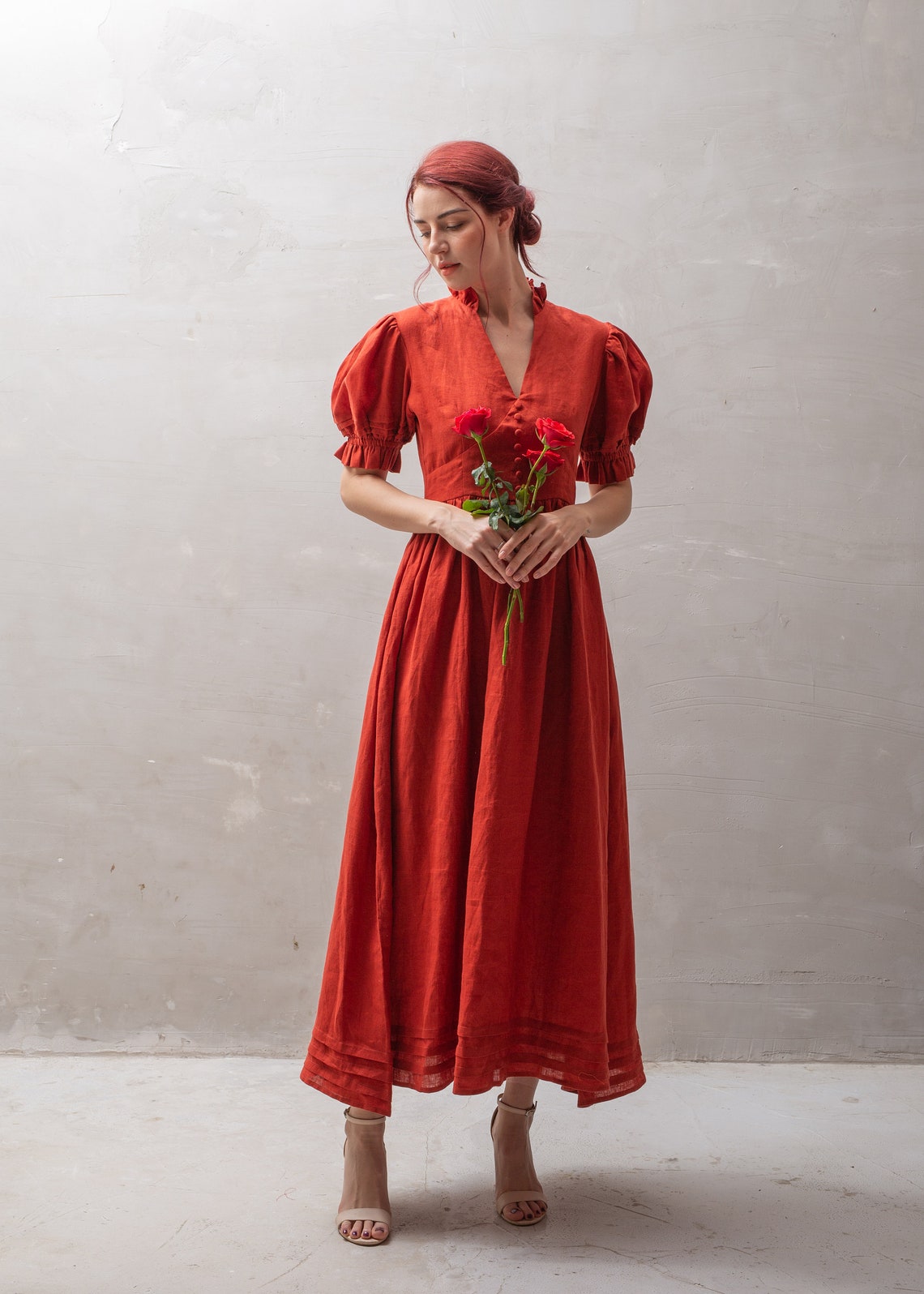 Linen Dress KARA Cottagecore Linen Dress Red Linen Dress - Etsy