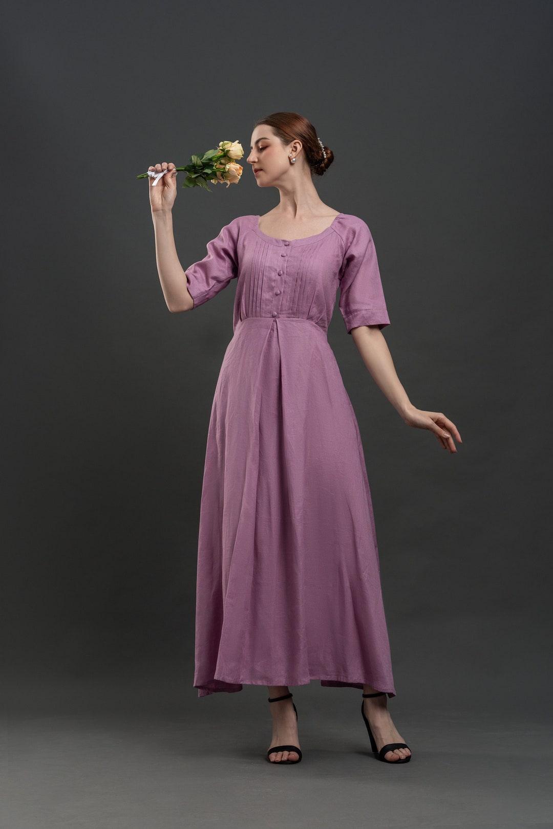 Linen Dress JUNE, Cottagecore Linen Dress, Adjustable Waist, Vintage ...