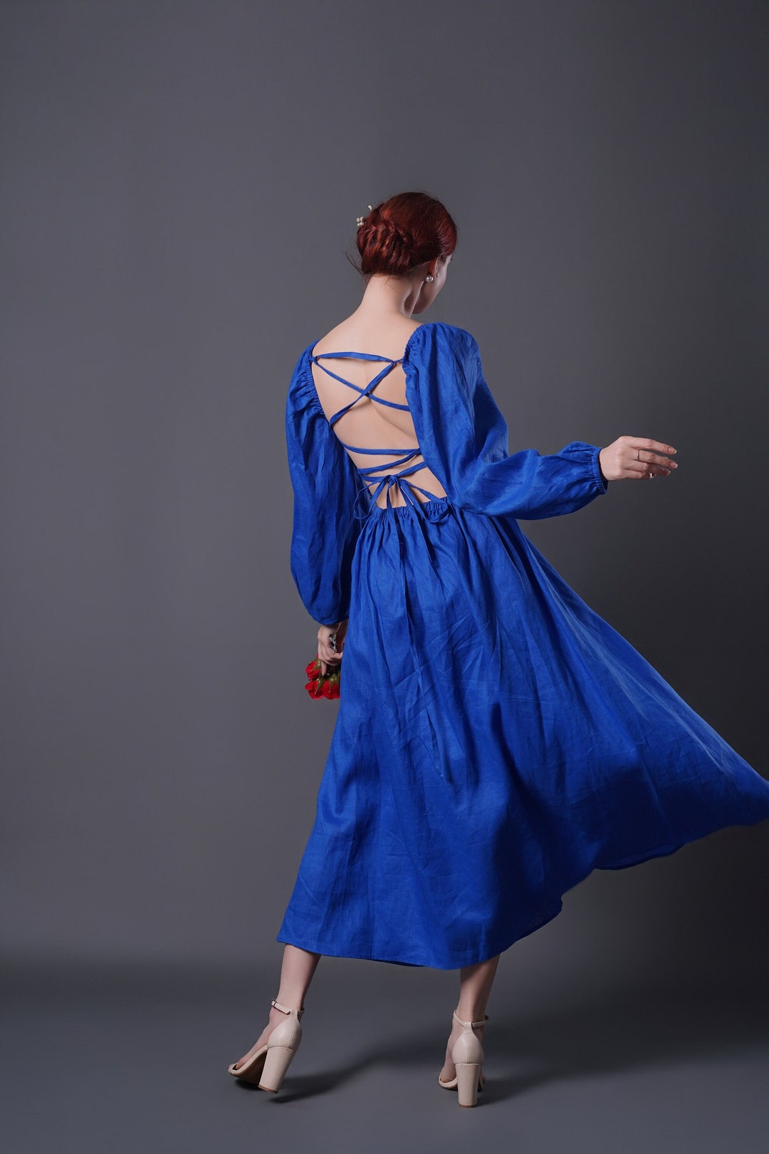 Linen Dress CHARM, Puffed Sleeve Crossed Back Dress, Modest Wedding ...