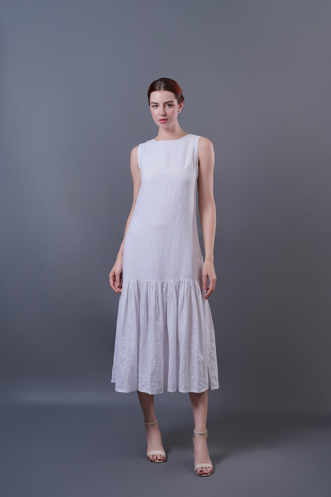 Low Waist Linen Dress SUN, Relaxed Fit Linen Midi Dress Handmade Linen ...