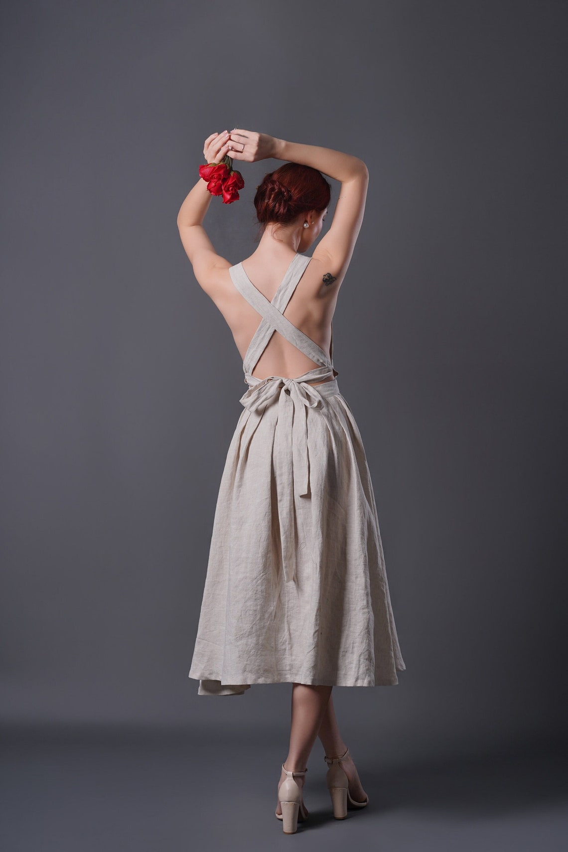 Crossed Back Linen Dress BALI Summer Linen Dress Linen Midi - Etsy