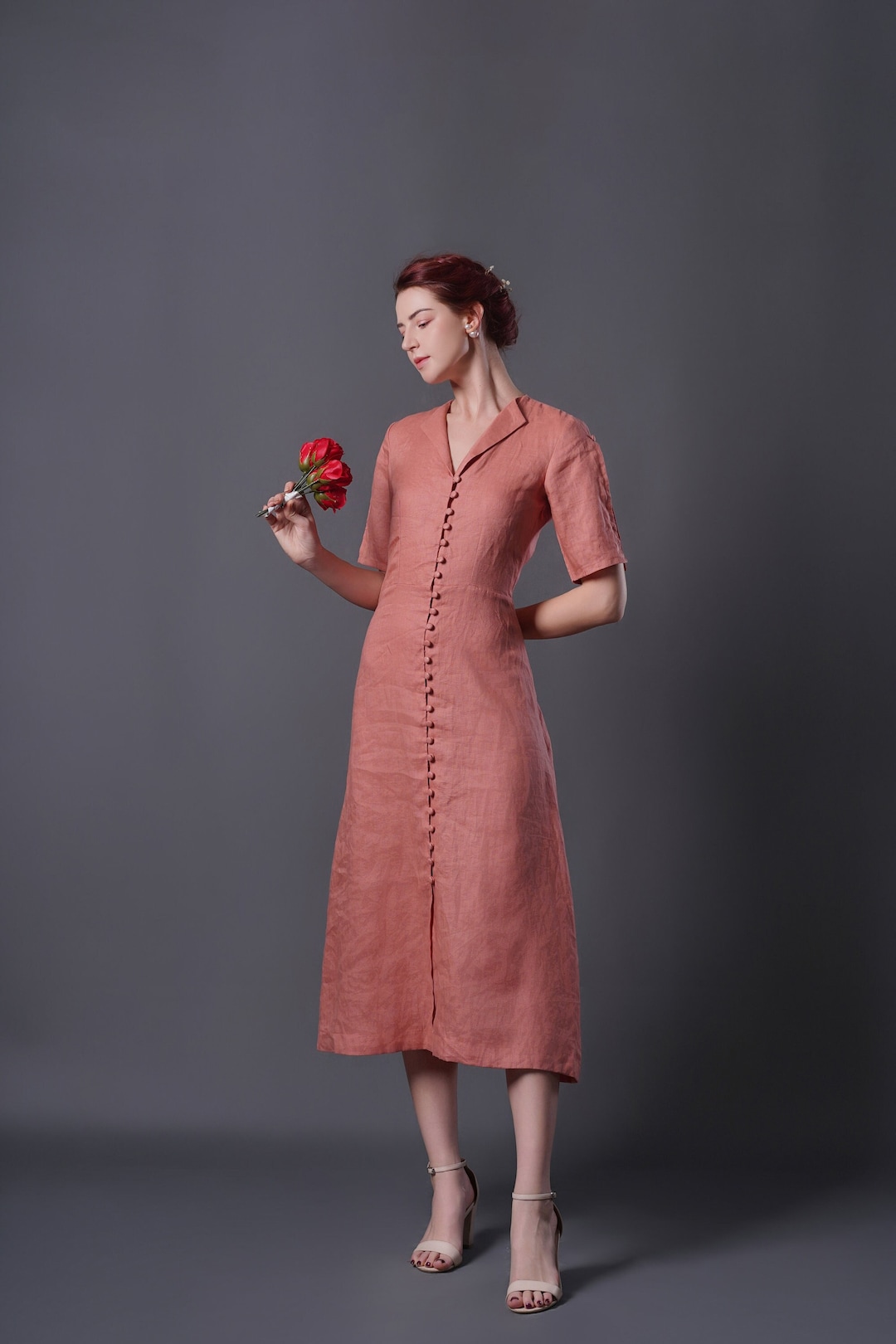 Linen Dress BUTTONS, A Line Dress, Linen Midi Dress, Summer Dress ...