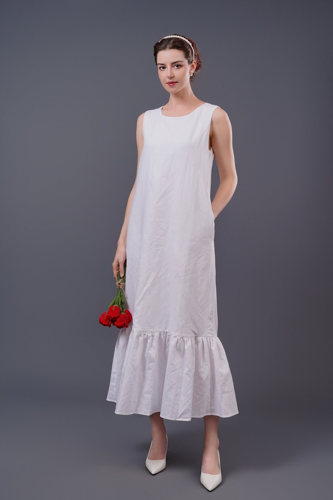 Casual Linen Dress PEPPER, Relaxed Fit Linen Midi Dress Handmade Linen ...
